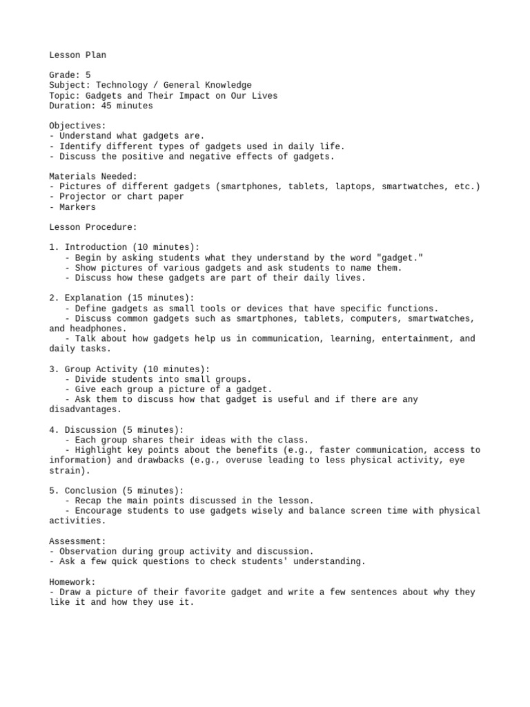 Lesson Plan Gadgets 5th Grade | PDF