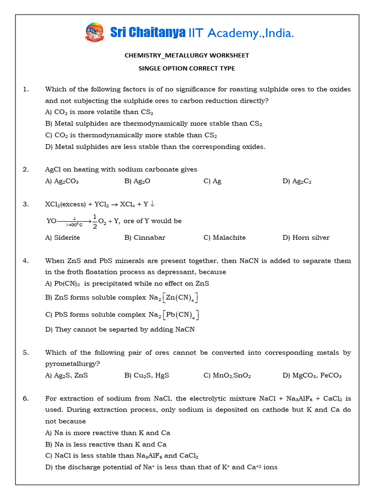 IIT Chemistry Metallurgy Worksheet | PDF | Redox | Zinc