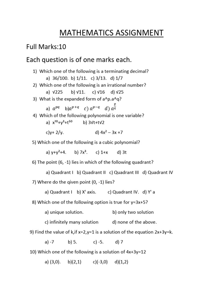 Mathematics Assignment Answer Key | PDF