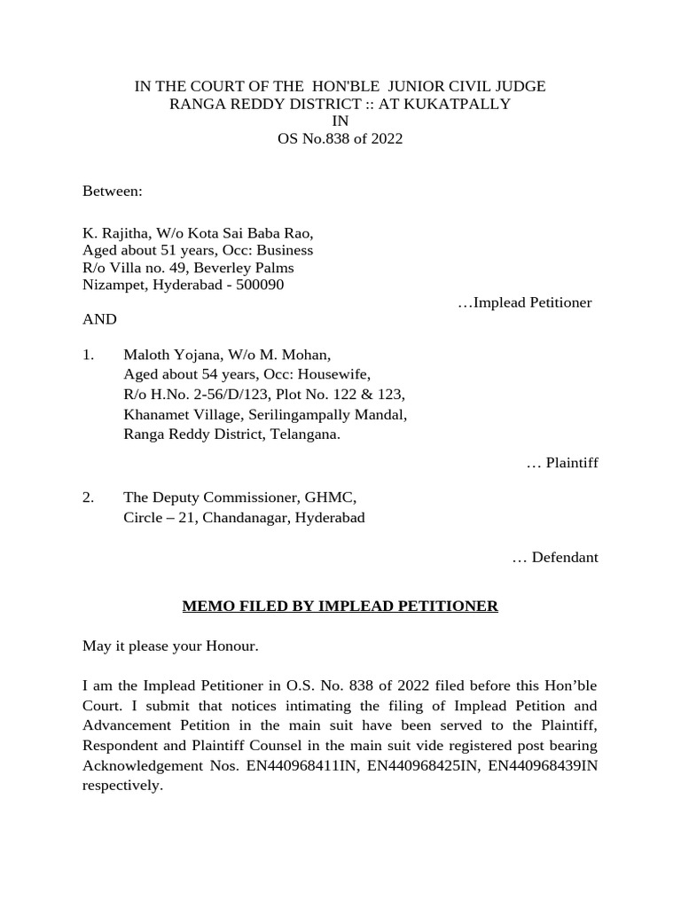 Implead Petition Memo in OS 838/2022 | PDF