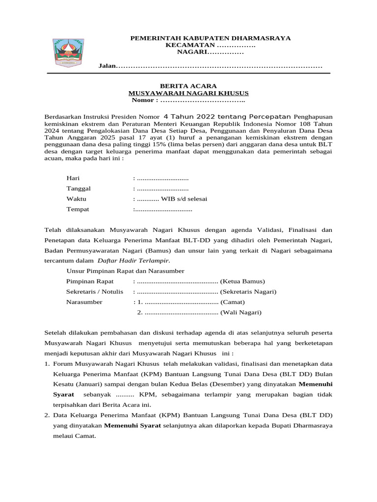 Contoh BA Musnag Khusus BLT DD TA 2025 | PDF