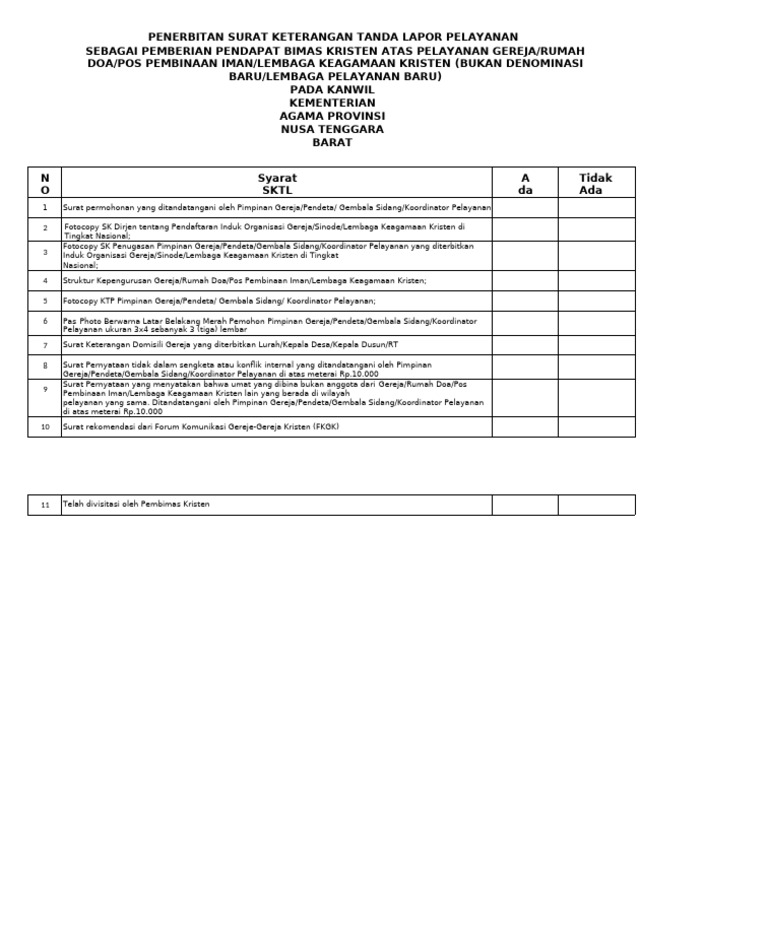 Tabel Persyaratan SKTL Gereja Di NTB | PDF