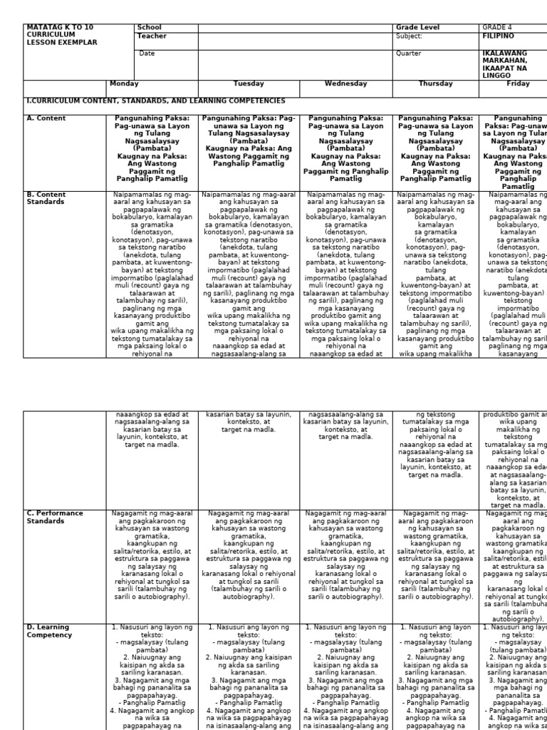 Grade 4-Q2W4 (Matatag DLL) - Filipino | PDF