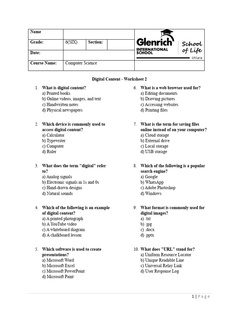 Digital Content Worksheet 1 | PDF | Computer File | Microsoft Word