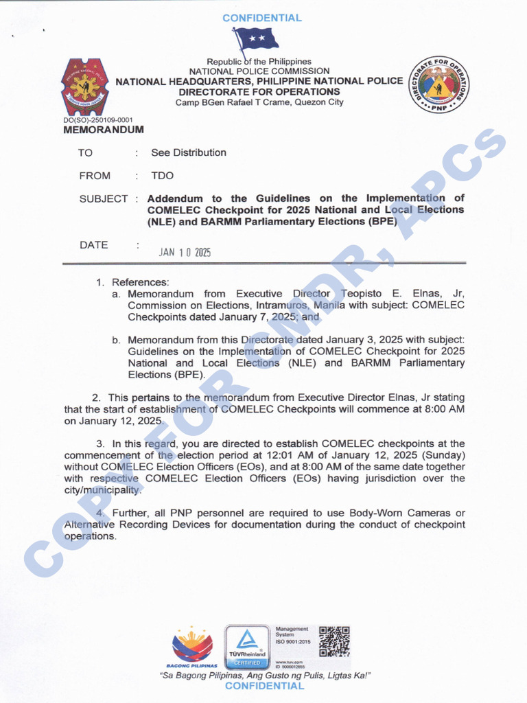 ADDENDUM TO THE GUIDELINES ON THE IMPLEMENTATION OF COMELEC CHECKPOINT ... ADDENDUM TO THE GUIDELINES ON THE IMPLEMENTATION OF COMELEC CHECKPOINT ...