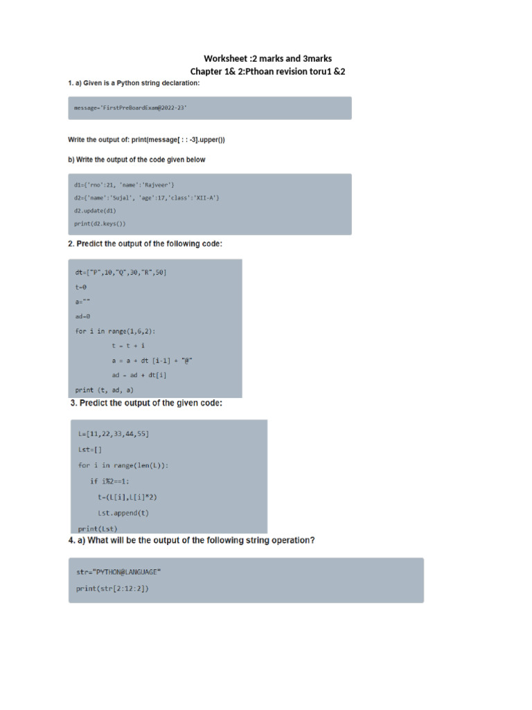 Python Revision Tour 1@2 Worksheet For First 50% | PDF