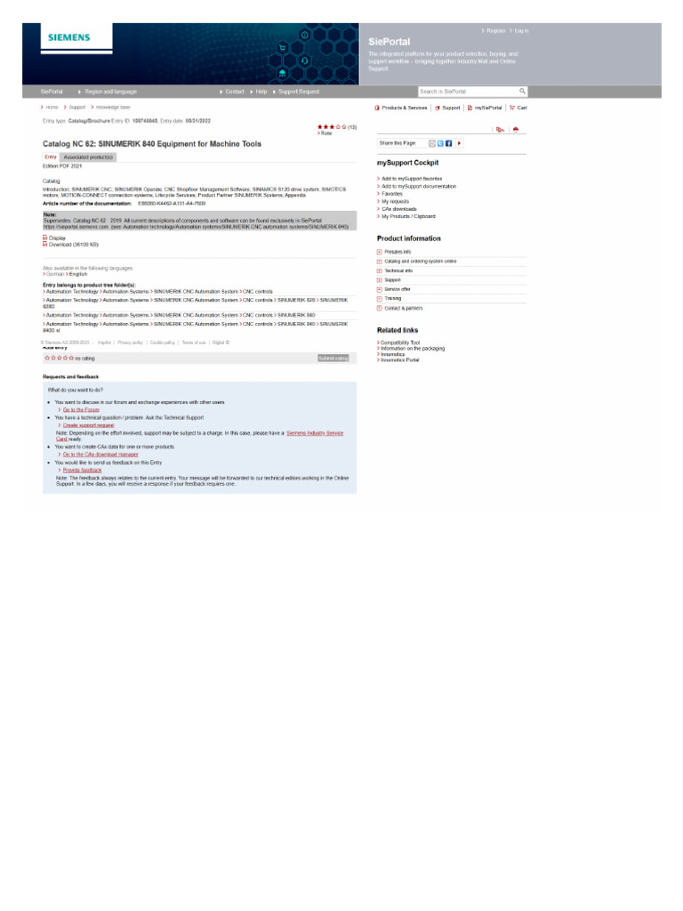 Screencapture Support Industry Siemens Cs Document 109746845 Catalog NC 62 Sinumerik 840 ...