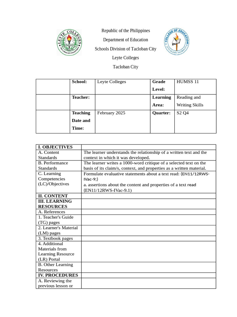 Detailed Lesson Plan in Reading and Writing Skills | PDF | Learning ...