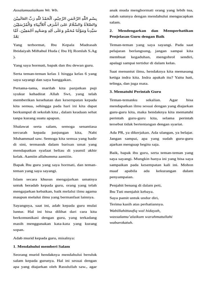 Teks Pidato Kelas Bu Deva | PDF