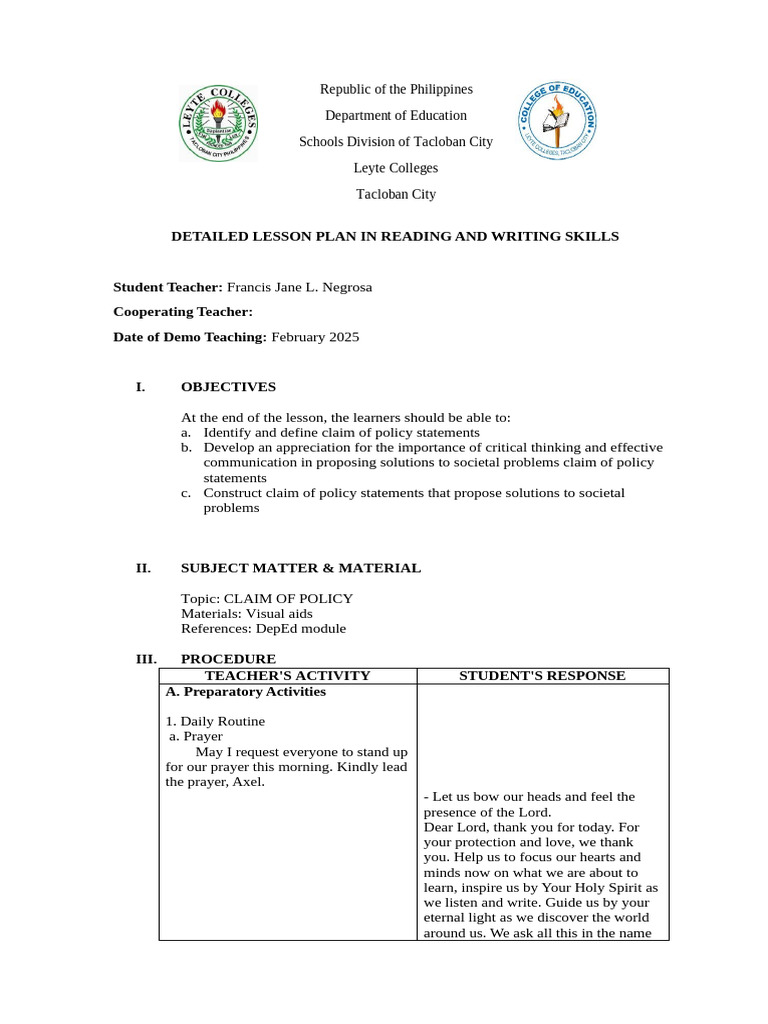 Lesson Plan: Claim of Policy Statements | PDF | Policy | Lesson Plan