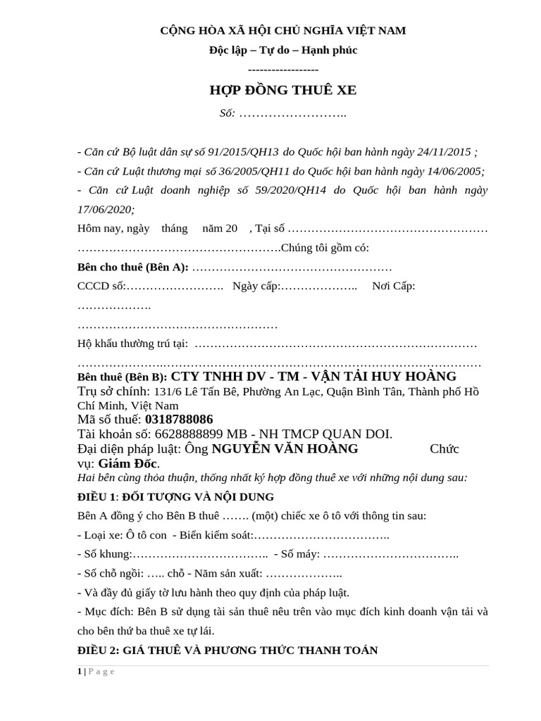 Hợp Đồng Thuê Xe | PDF