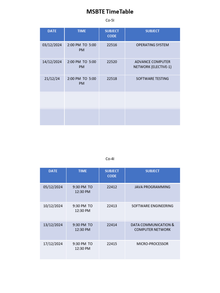 MSBTE Winter 2024 Exam Timetable | PDF