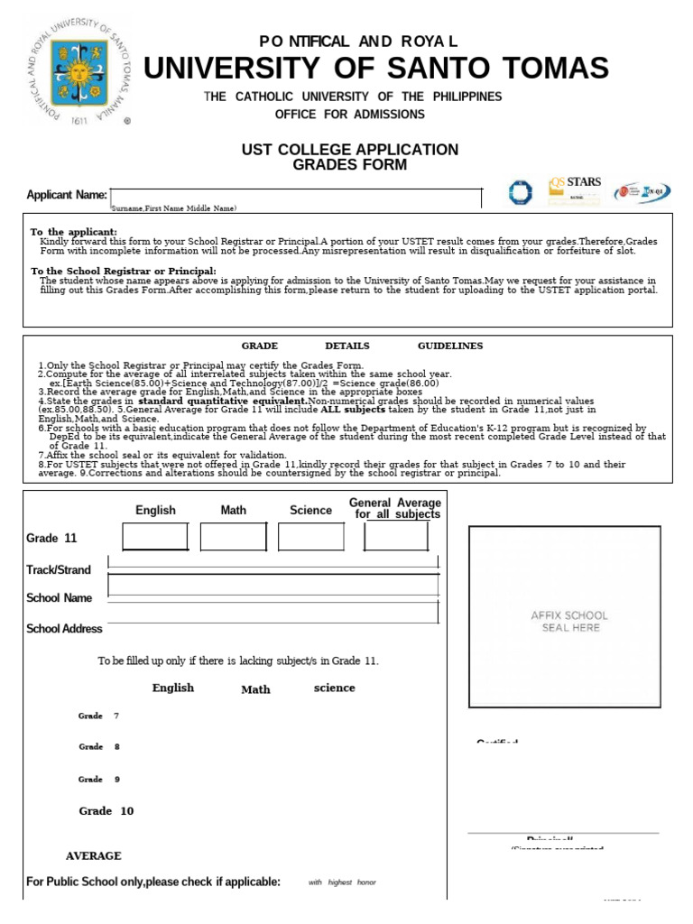 UST College Application Grades Form | PDF