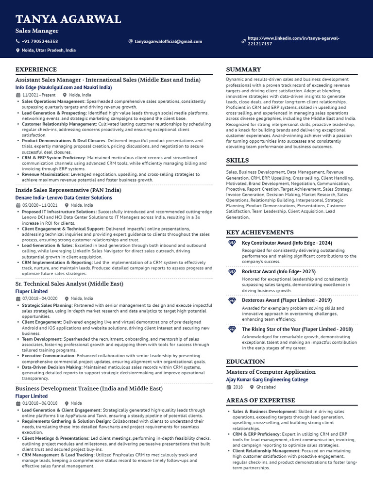 Tanya Agarwal: Experience | PDF | Customer Relationship Management | Sales