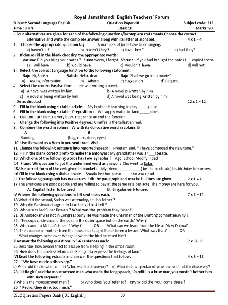 10th STD SL English Model Question Paper-18 2023-24 by Royal Jamakhandi ...