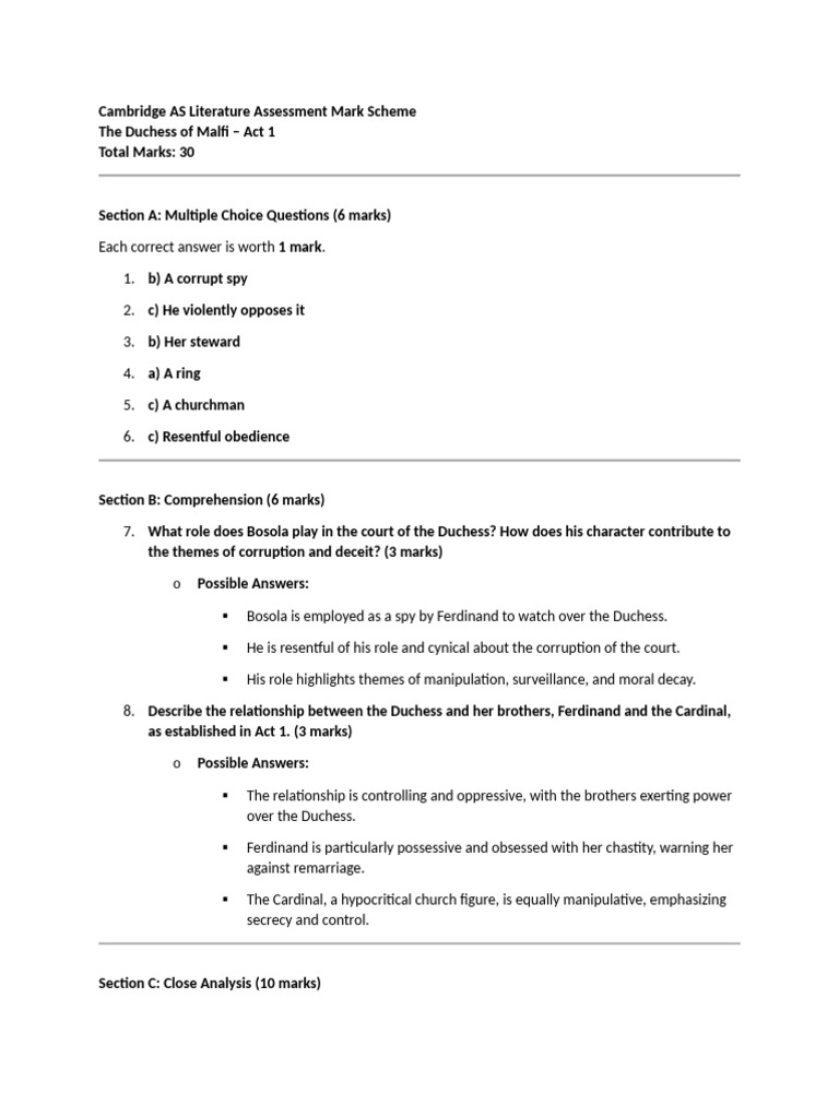 Cambridge AS Literature: Duchess of Malfi Act 1 Mark Scheme | PDF