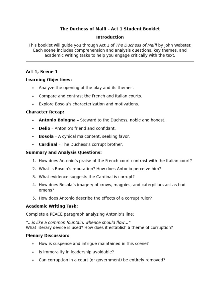 The Duchess of Malfi - Act 1 Booklet | PDF | Social Psychology