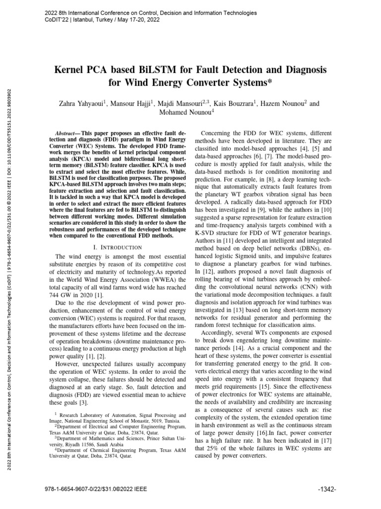 Kernel PCA Based BiLSTM For Fault Detection and Diagnosis For Wind Energy Converter Systems ...