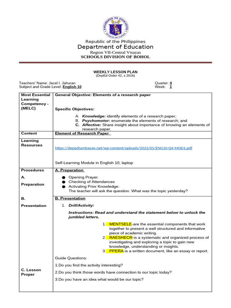 English 10 Weekly Lesson Plan: Research Paper Elements | PDF