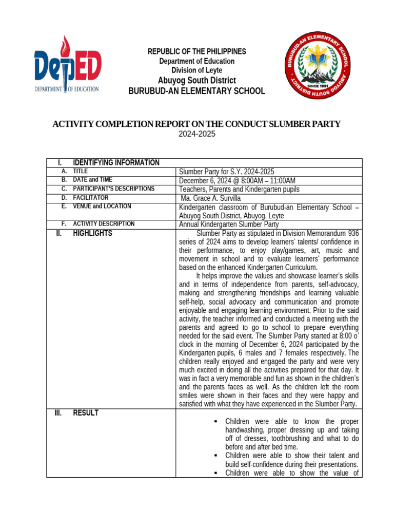 Slumber Party Acr - Burubud-An Es (120922) | PDF | Kindergarten | Teachers