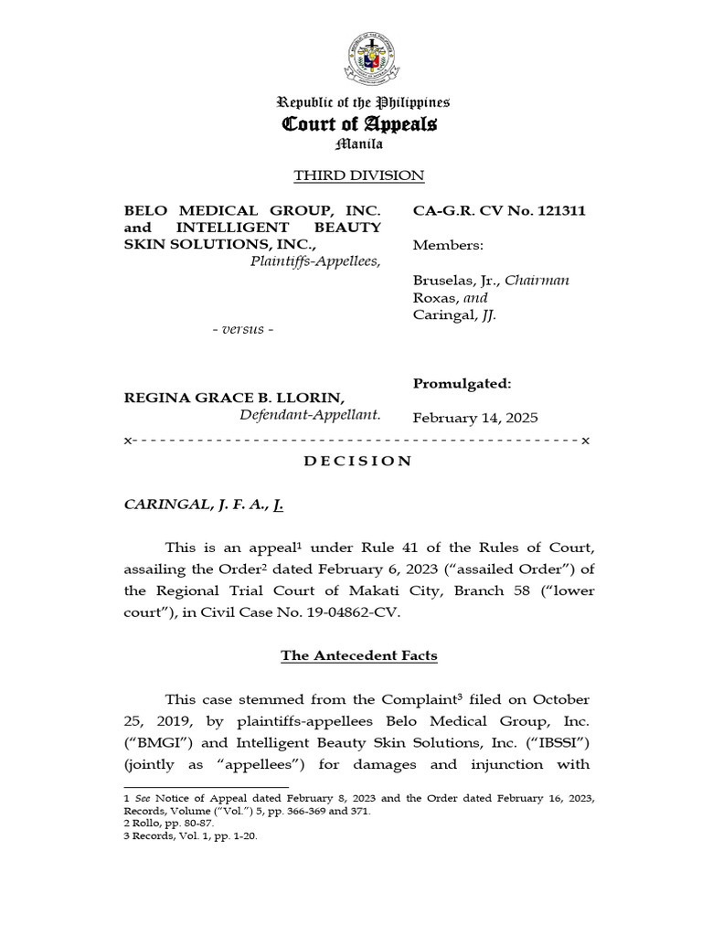 Appeal Case: Belo Medical Group vs. Llorin | PDF | Lawsuit | Complaint