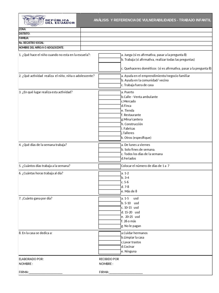 Ficha de Vulnerabilidad ETI (1) | PDF | El embarazo | Trabajo infantil