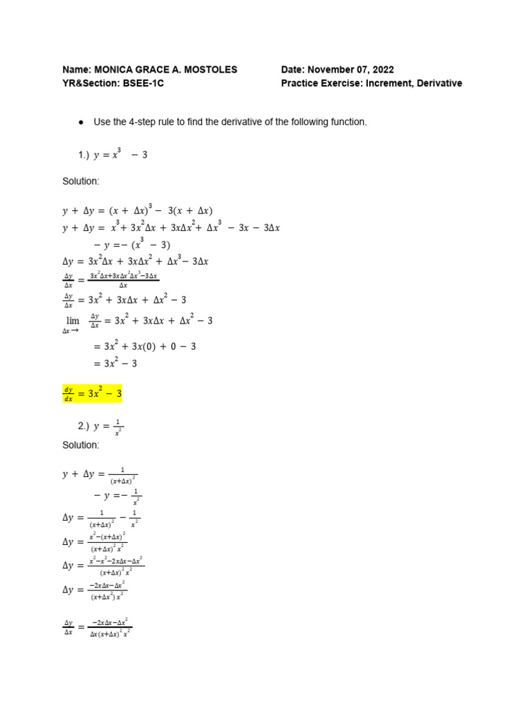 Practice Exerciseincrementderivative and Derivative of The Algebraic Function | PDF ...