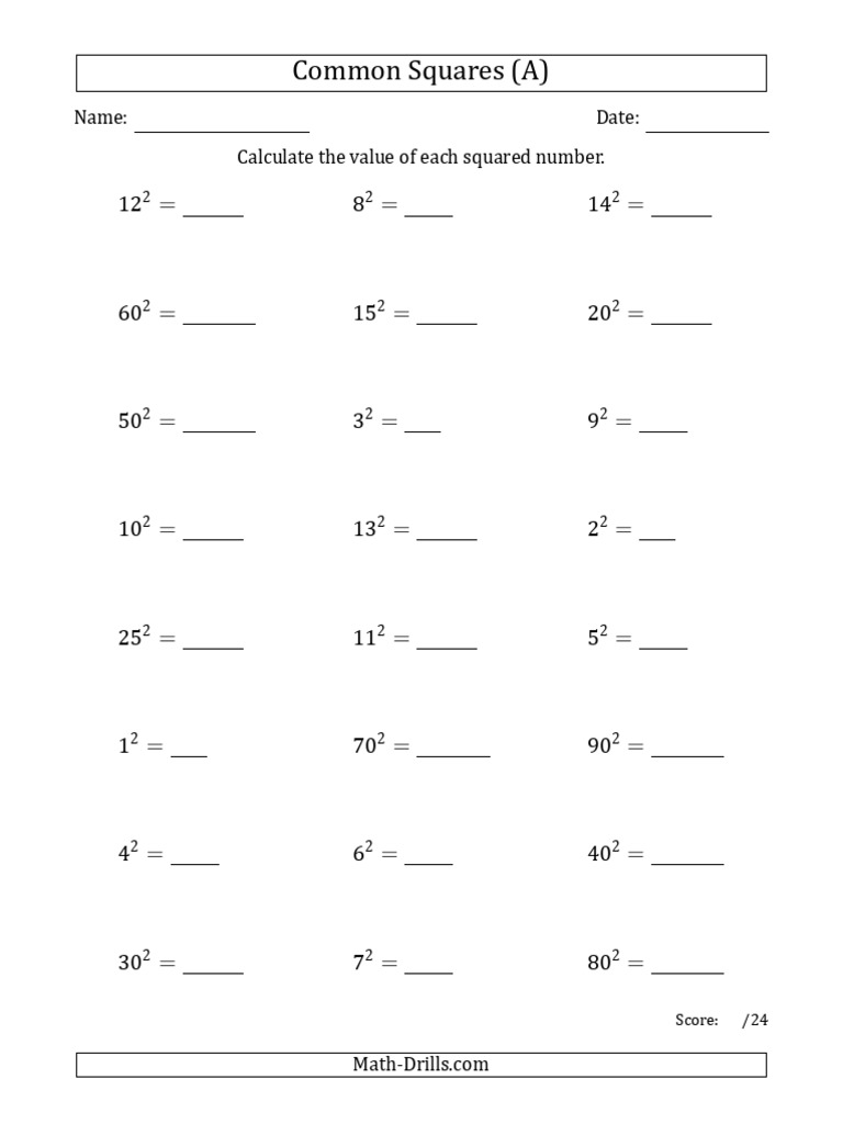 Common Squares Math Worksheet | PDF