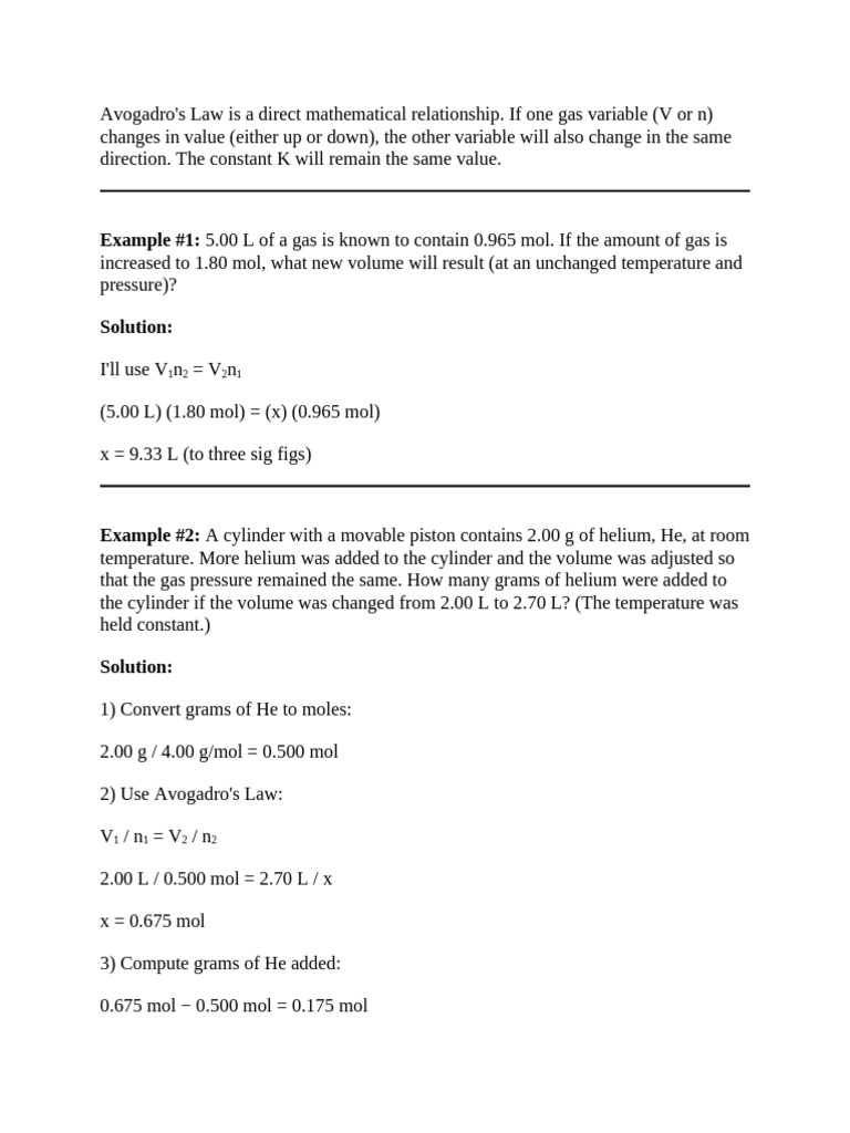 Avogadro S - LAW - SAMPLE PROBLEM | PDF | Mole (Unit) | Gases