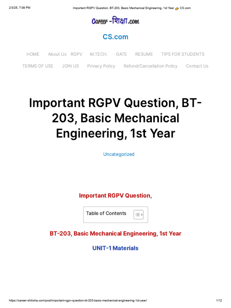 Important RGPV Question, BT-203, Basic Mechanical Engineering, 1st Year ? | PDF | Mechanical ...