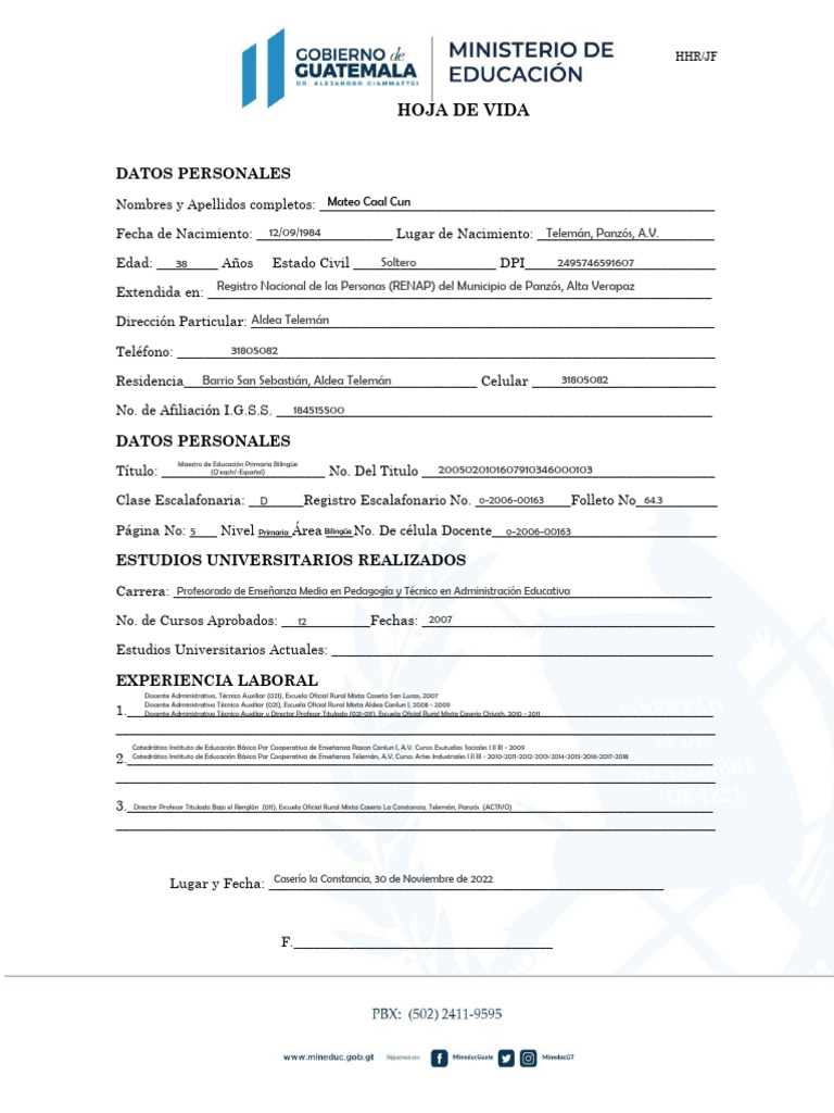 Hoja de Vida de Maestro Bilingüe | PDF | Maestros | Aprendizaje