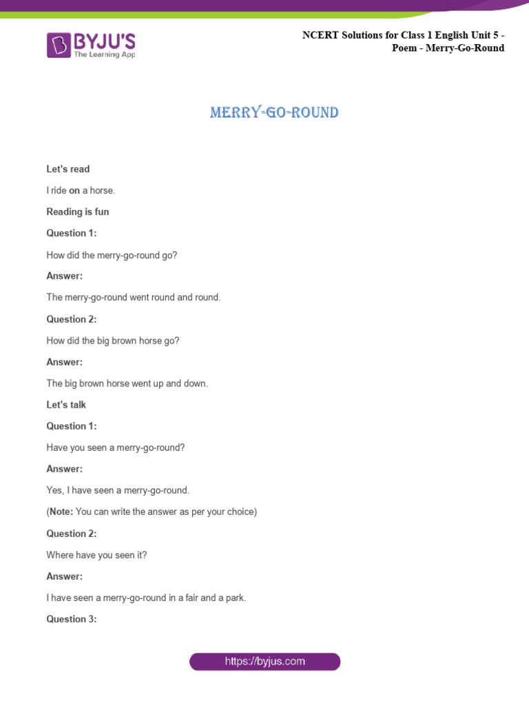 NCERT Solutions For Class 1 English 5may Unit 5 Poem Merry Go Round | PDF