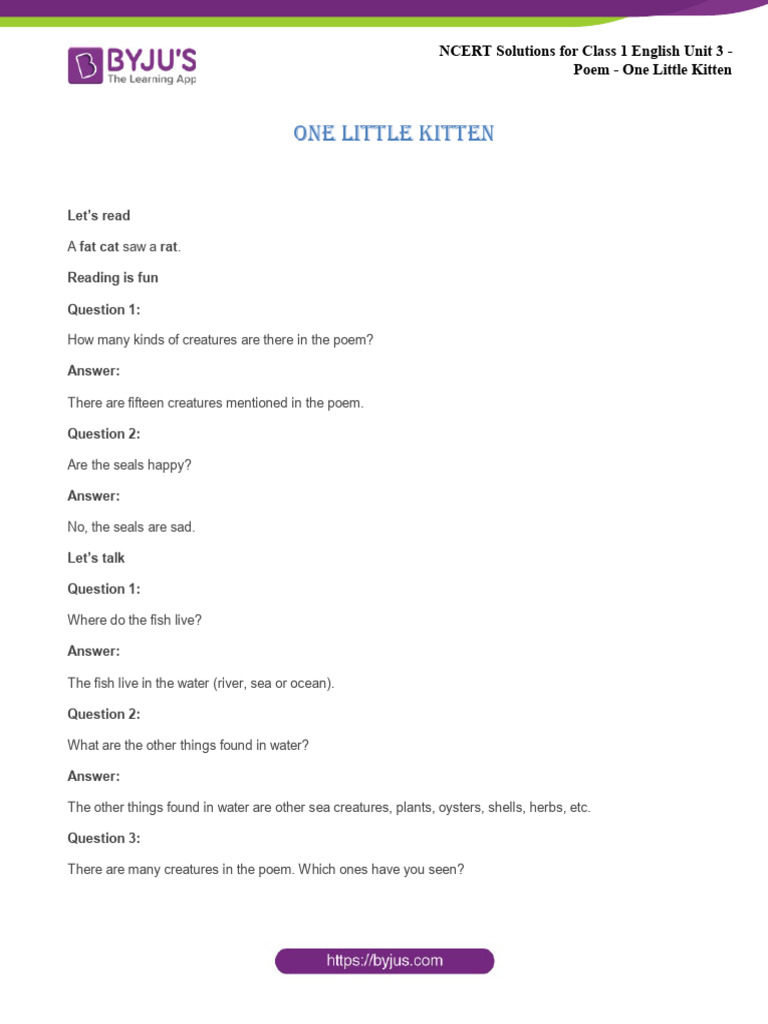 NCERT Solutions For Class 1 English 4 May Unit 3 Poem One Little Kitten ...