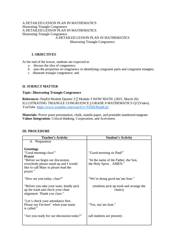 Illustrating The Triangle of Congruence Lesson Plan Day 1 | PDF ...