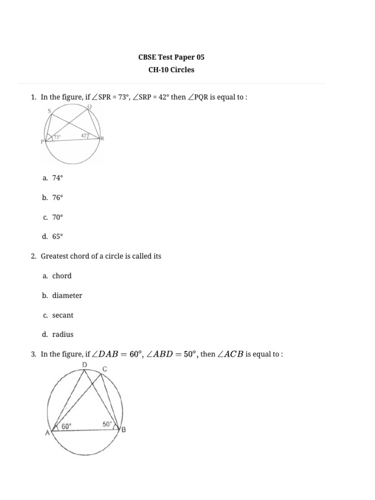 CBSE Class 10 Circles Test Paper | PDF
