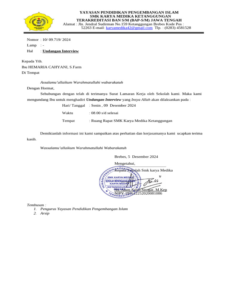 Undangan Interview-Guru Produktif Farmasi | PDF