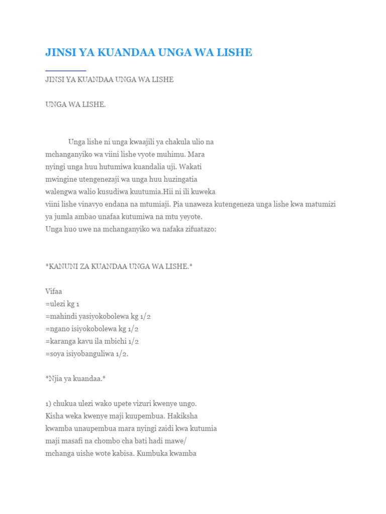 Jinsi Ya Kuandaa Unga Wa Lishe | PDF