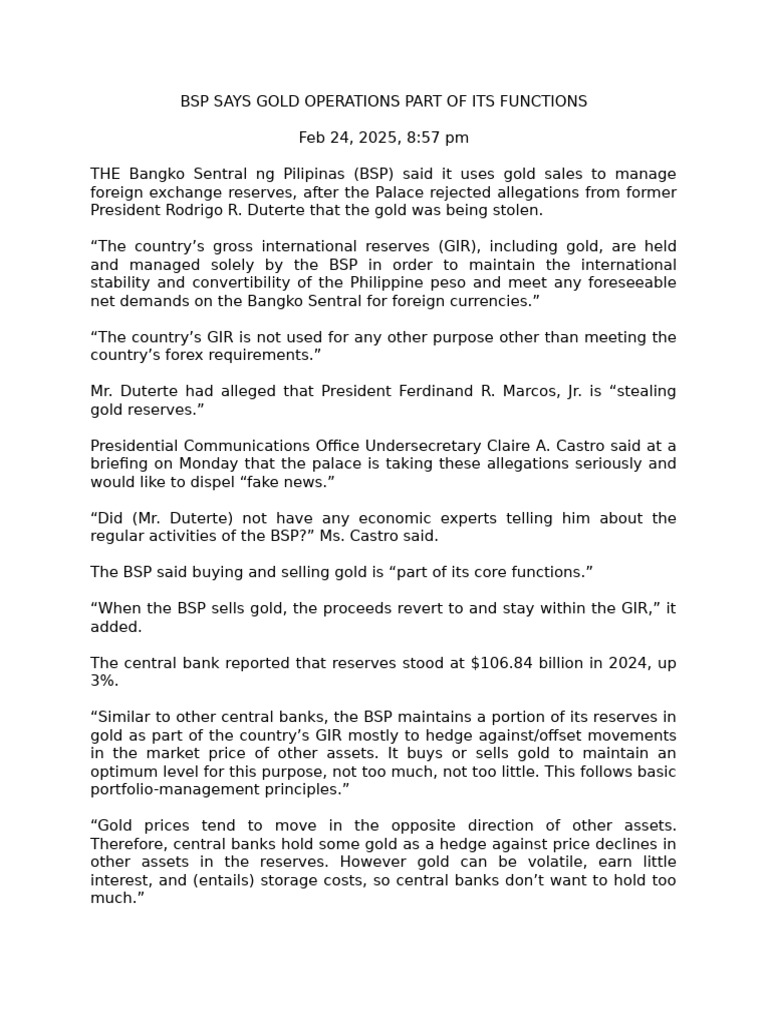 BSP Says Gold Operations Part of Its Functions | PDF