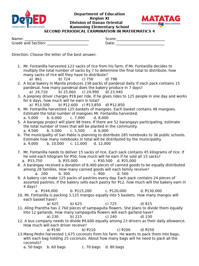 PT_G4 MATATAG MATHEMATICS 4_Q2 | PDF | Division (Mathematics) | Mathematics