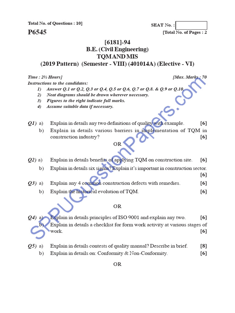 Be Civil Engineering Semester 8 2023 November Tqm and Mis 2019 Pattern ...