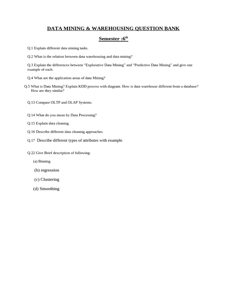 Data Mining Question Bank | PDF | Data Mining | Data Warehouse