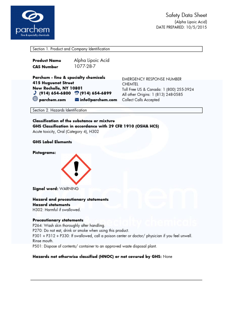 Alpha Lipoic Acid Safety Data Sheet | PDF | Dangerous Goods | Personal ...
