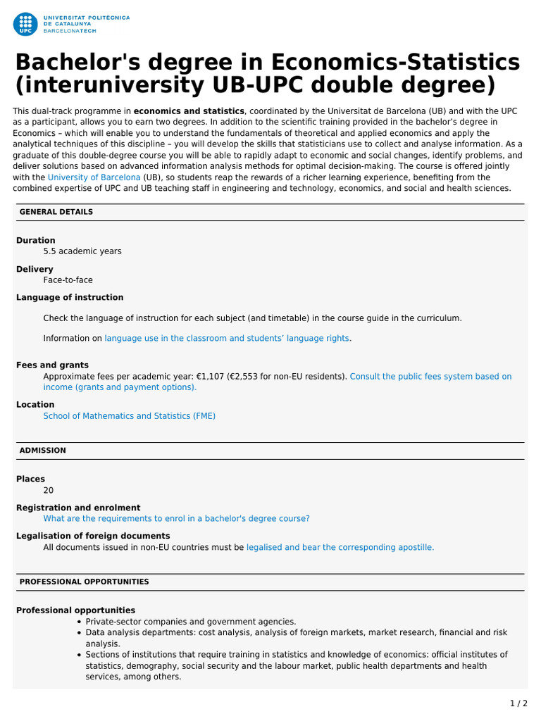 Bachelor's Degree in Economics-Statistics (Interuniversity UB-UPC Double Degree) (FME) | PDF ...