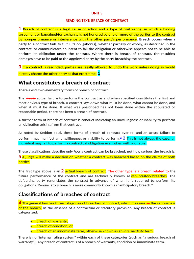 UNIT 3 - READING TEXT - BREACH OF CONTRACT (revised version) | PDF ...