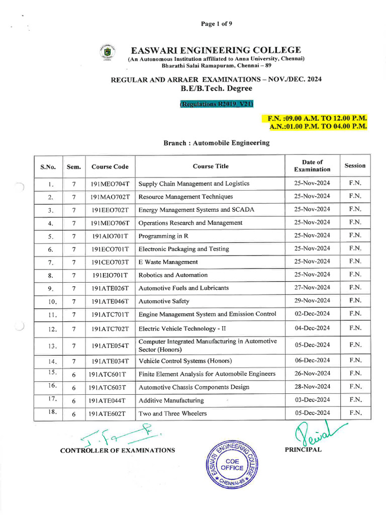 B.e.b.tech - Sem-7 r2019 v21 Regular-And-Arrear-examinations Time-Table Nov.2024 Phase-I | PDF