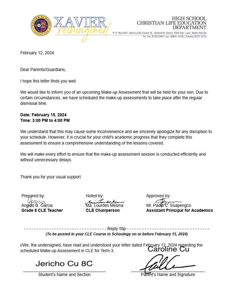 Makeup Test Letter to Parents. PDF | PDF