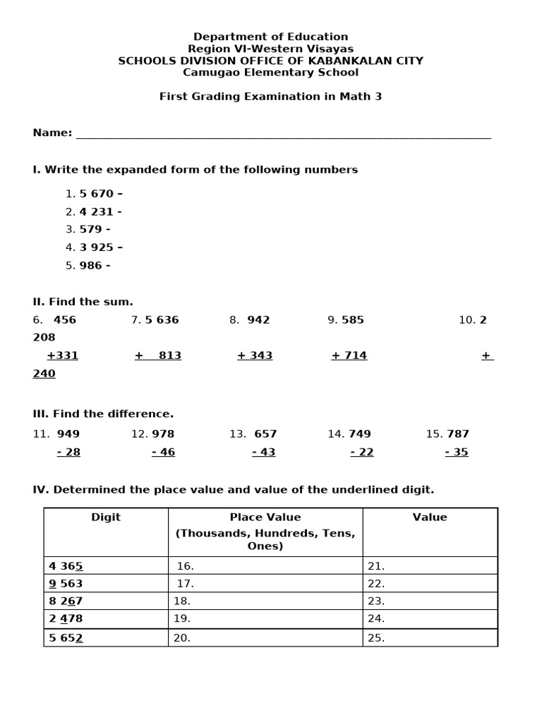 1st QTR - SUMMATIVE TEST IN MATH | PDF