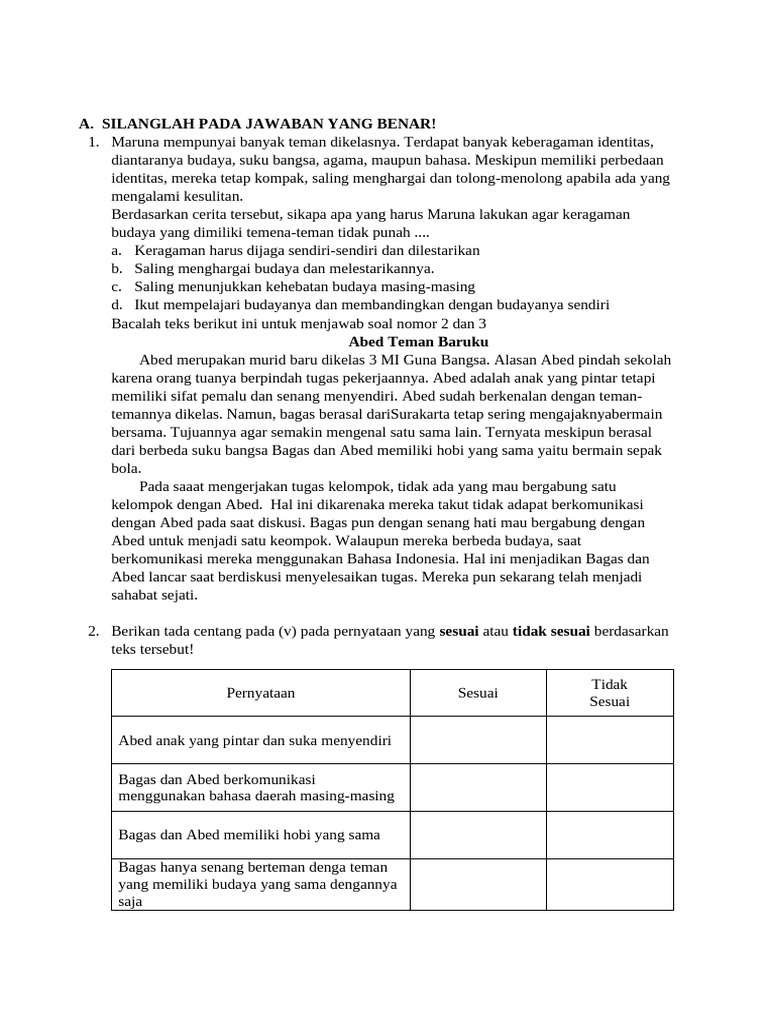 Soal Pts Pancasila Kelas 3 | PDF