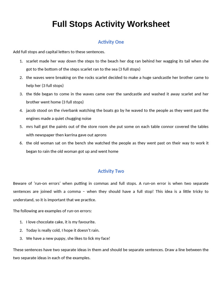 Full Stops Activity Worksheet | PDF