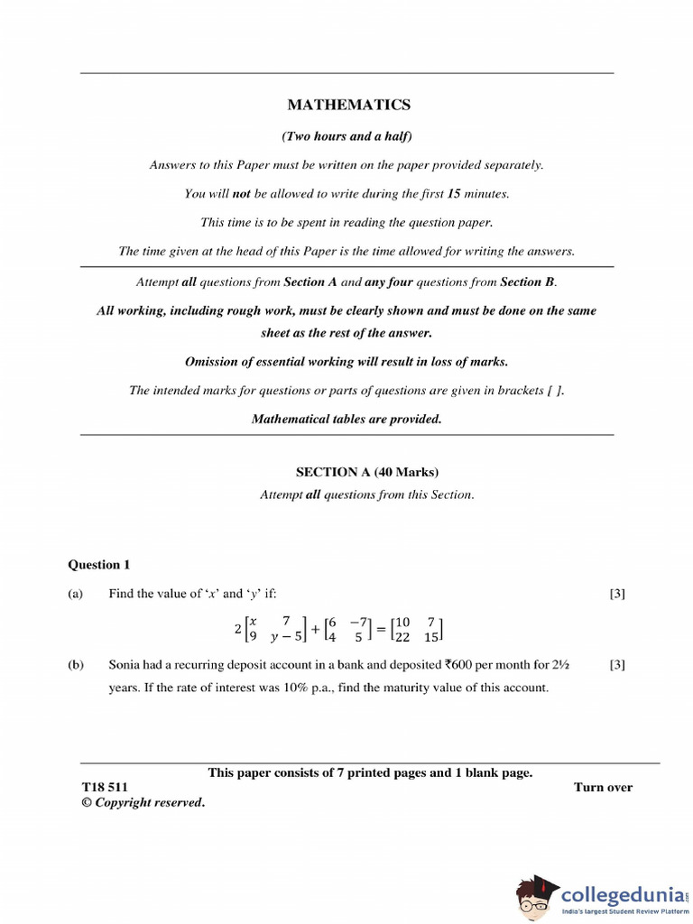 ICSE Class 10 Mathematics Question Paper 2018 | PDF